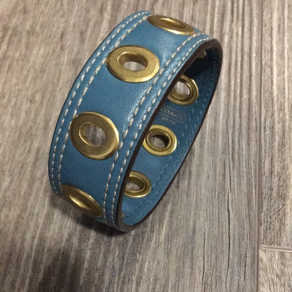 Coach | Accessories | Coach Blue Leather Bracelet With Gold Accents ...